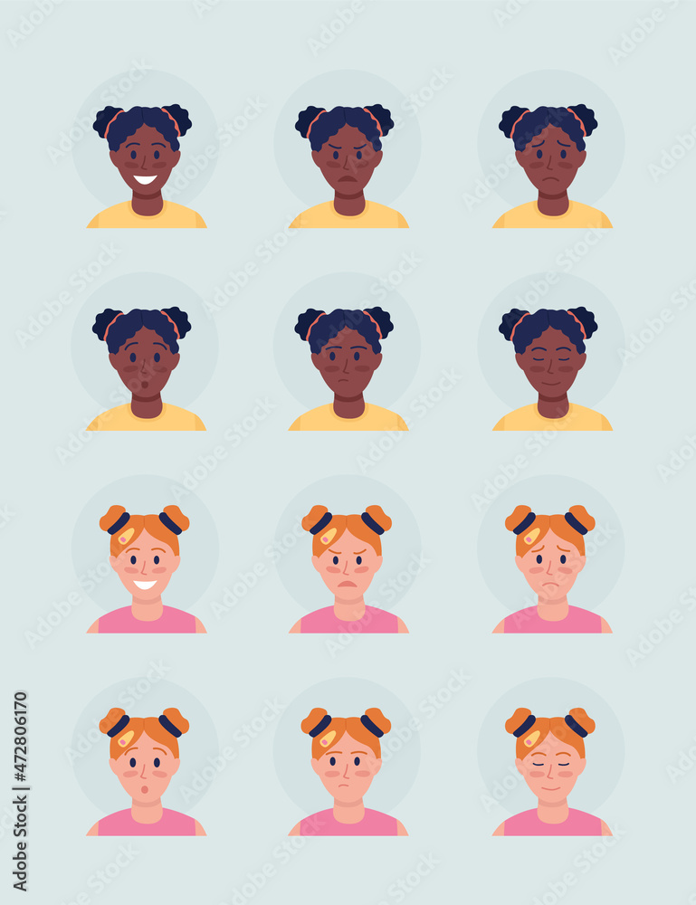 Different girls face expressions semi flat color vector character ...