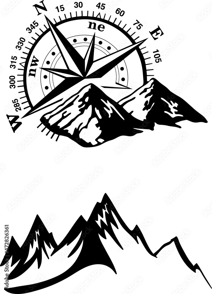 Black and White Mountain Landscape Vector Logo, Mountain and compass ...