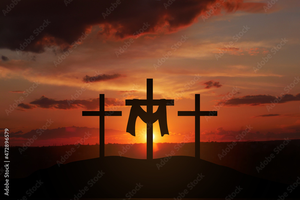Three Christian Crosses On Calvary's Hill At Sunrise - Crucifixion And ...