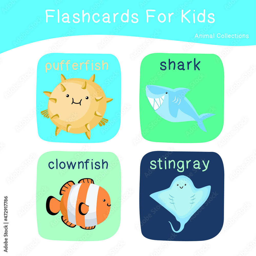Cute animal flashcards collection. English name with cartoon animals ...