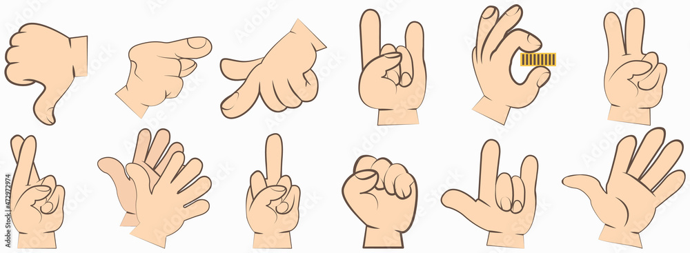 Cartoon hands set. Different gestures with fingers pointing, attention ...