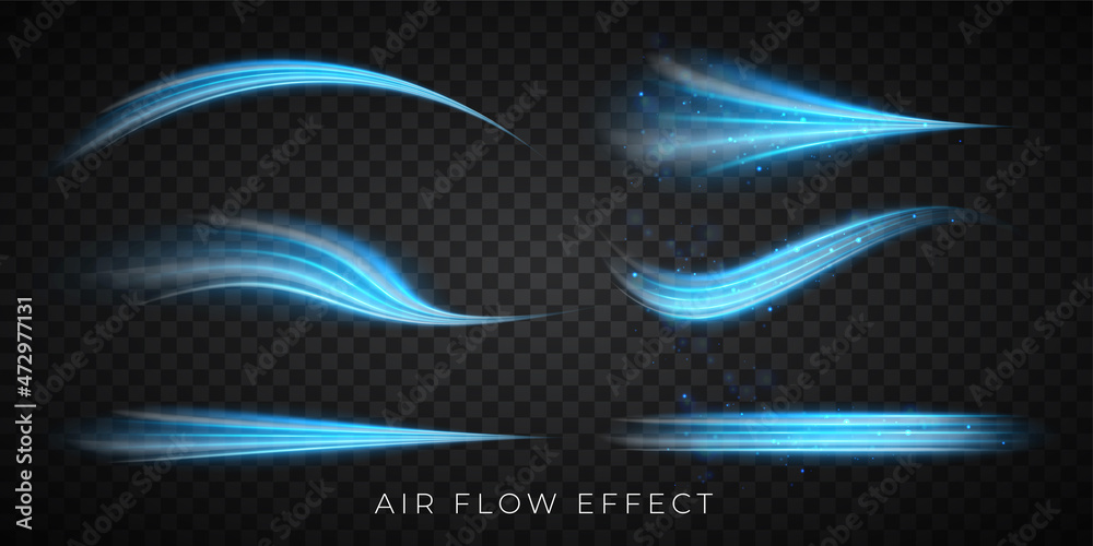 Blue air flow wave effect set. Design element for visualizing air or ...