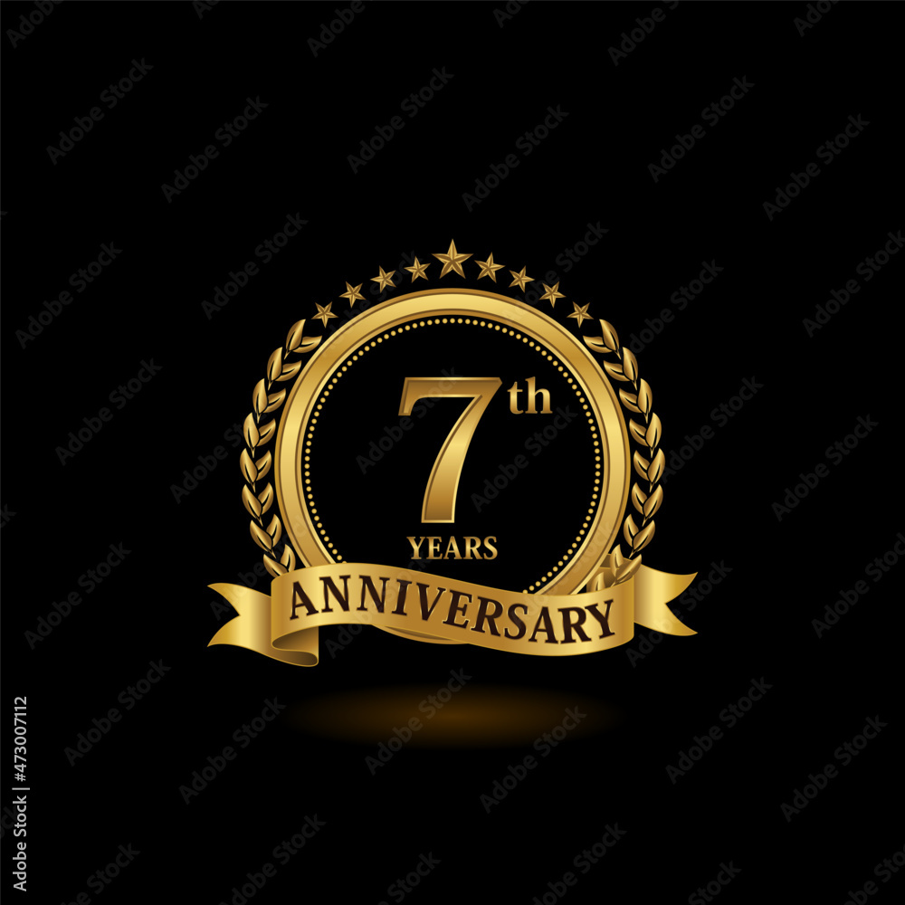 7th golden anniversary logo with ring and ribbon, laurel wreath vector ...