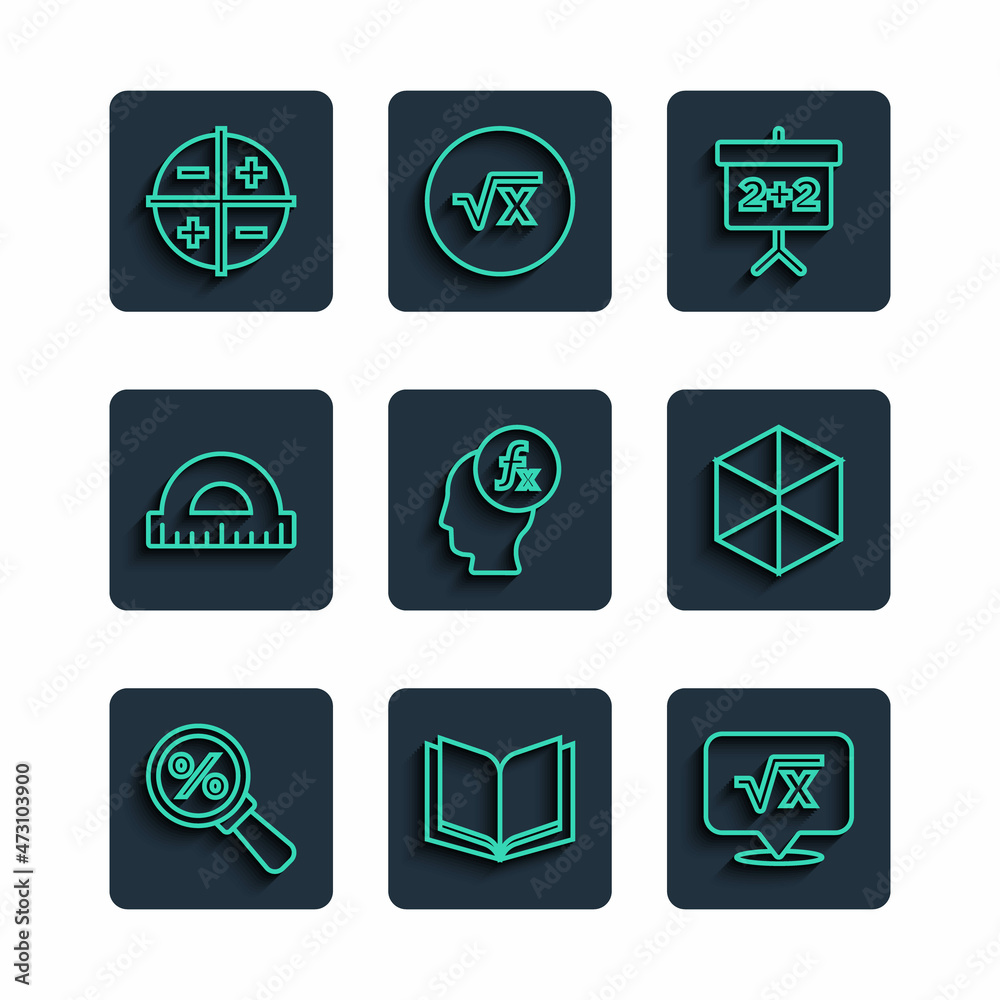 Set line Magnifying glass with percent, Open book, Square root of x glyph, Chalkboard, Function ...