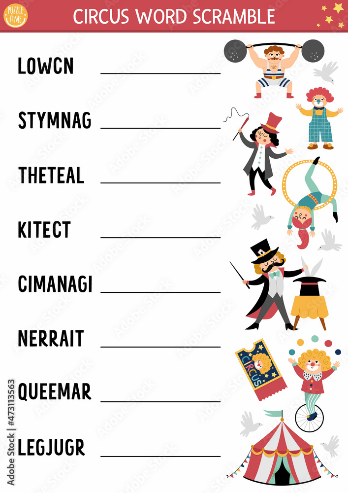 Vector circus word scramble activity page. English language game with ...