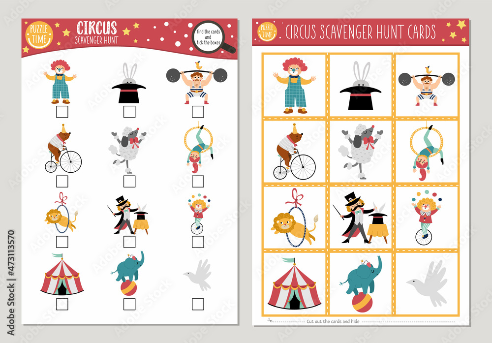 Vector circus scavenger hunt cards set. Seek and find game with cute ...