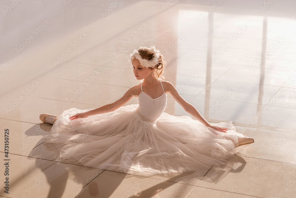 Foto de Stock Cute little ballerina in white ballet costume and pointe ...