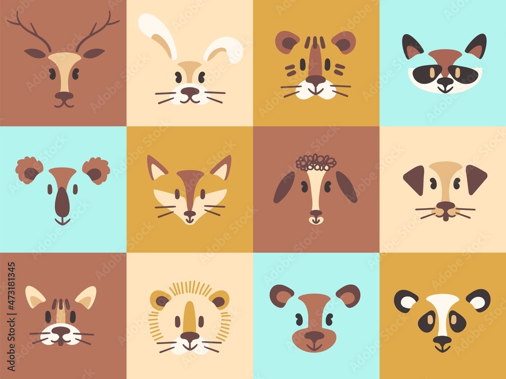 Simple animal portraits. Cute animals baby face, nursery poster little ...
