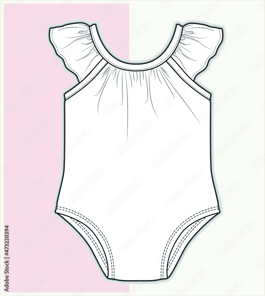 Girl Swimsuit vector flat sketch. swimwear design technical drawing for ...