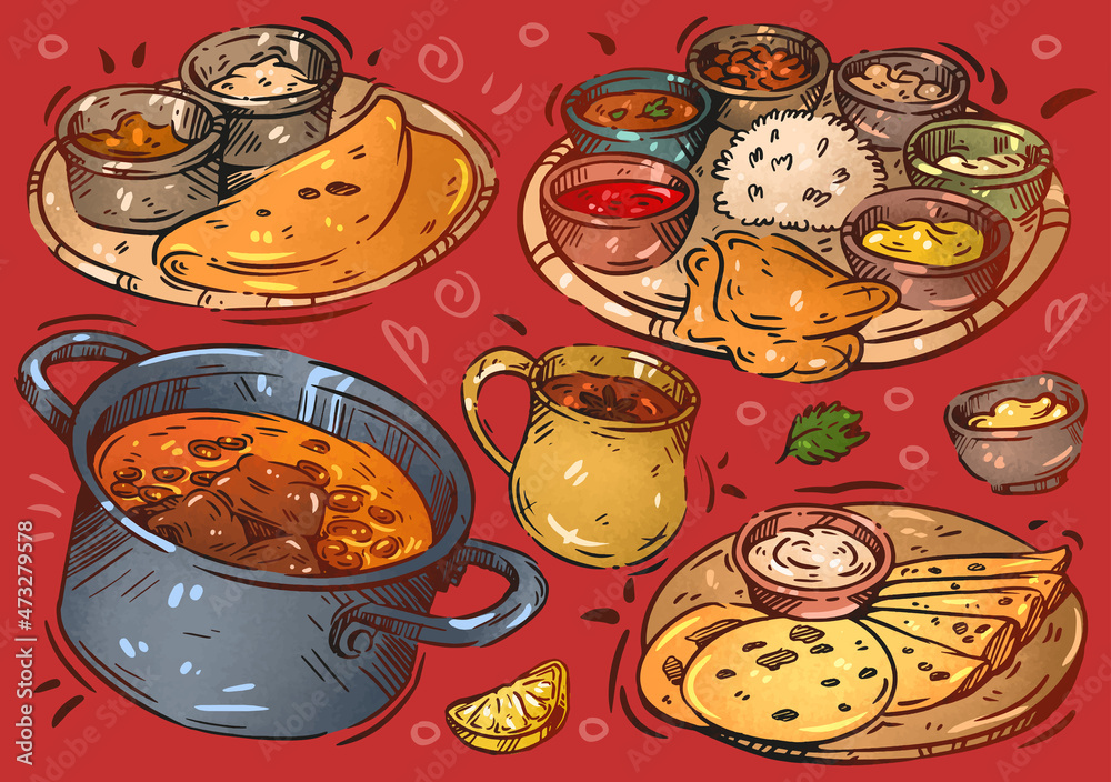 Indian food illustration. Hand drawn sketch. Chicken curry, masala ...