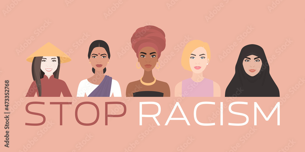 Stop Racism Banner. Vector Background with Different Nationalities and ...