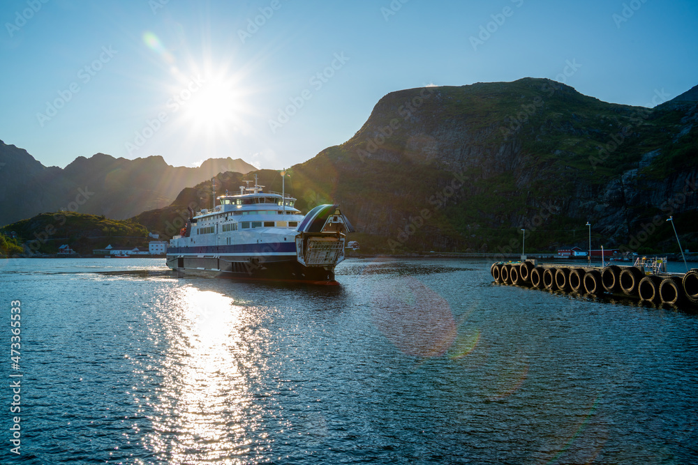 Ferry entering the harbor of Moskenes, Lofoten islands, Norway Stock ...