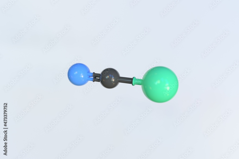 Cyanogen chloride molecule, isolated molecular model. 3D rendering ...
