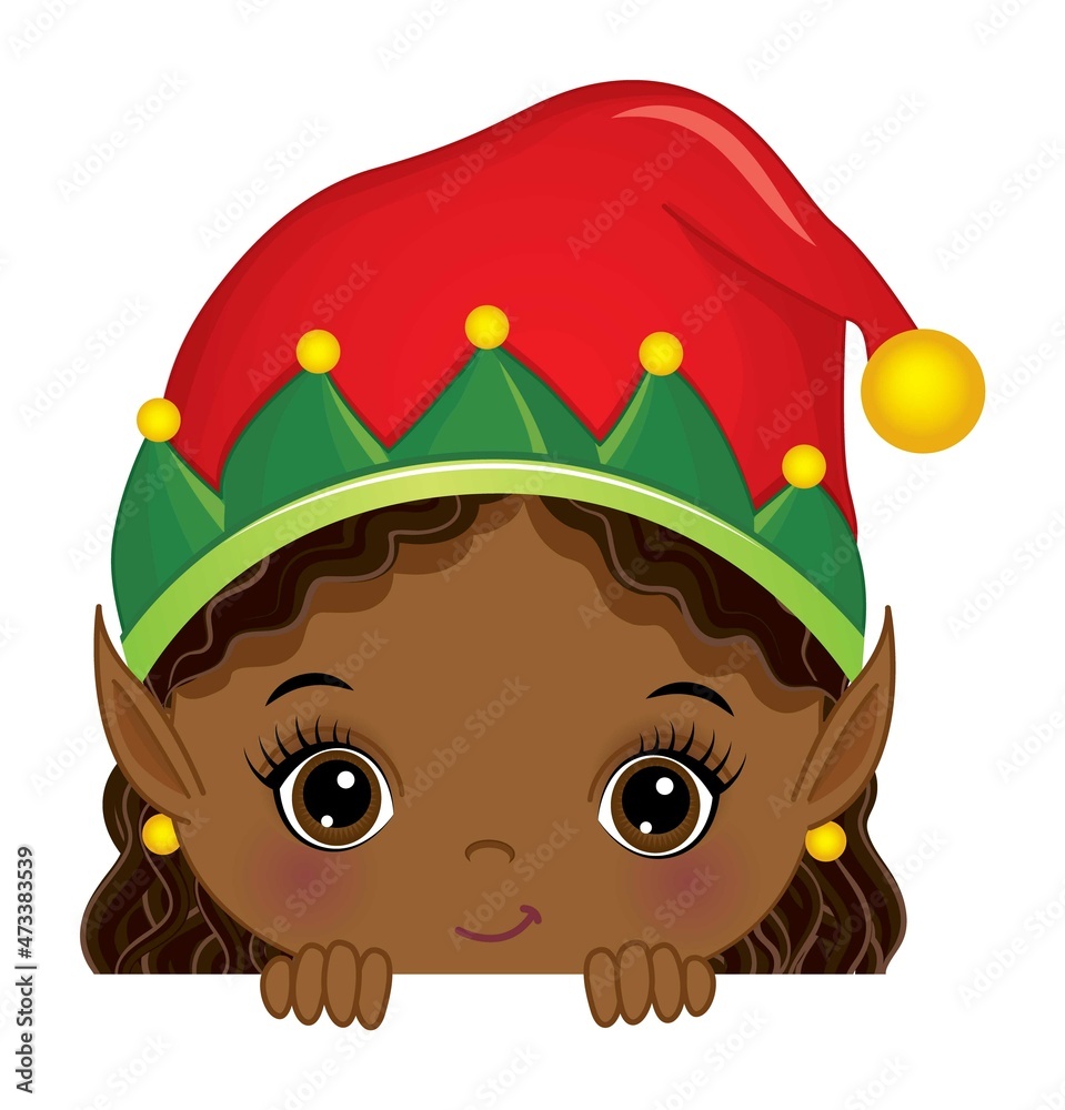 Cute African American Elf Girl Playing Peekaboo. Vector Peek a Boo ...
