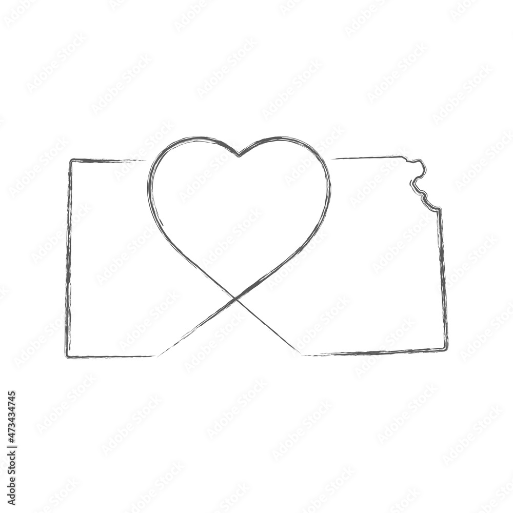Kansas US state hand drawn pencil sketch outline map with heart shape ...