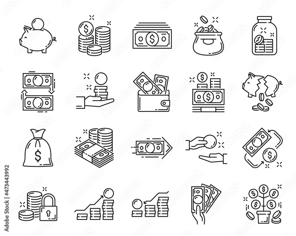 Cash money and coins icons, payment or credit and wallet exchange ...