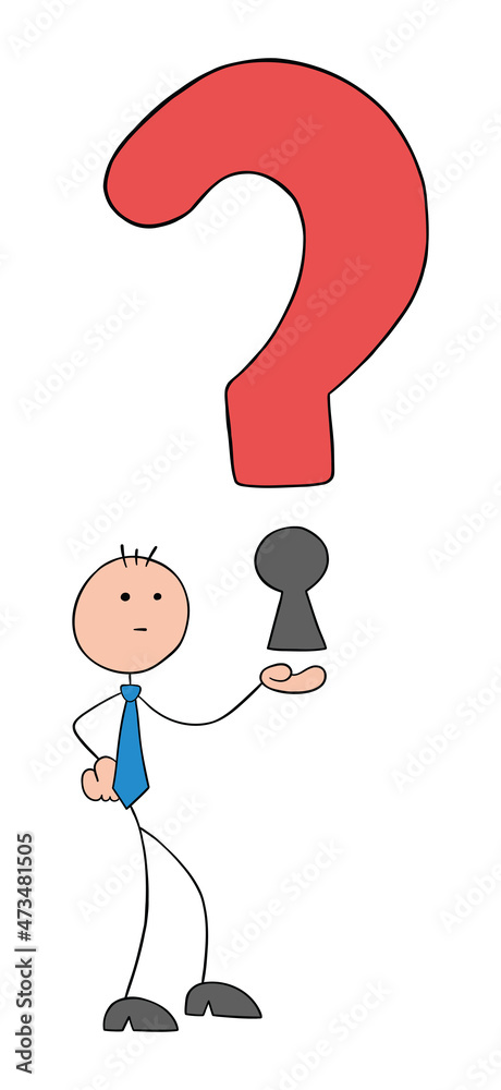 Stickman businessman holding question mark with keyhole, hand drawn ...