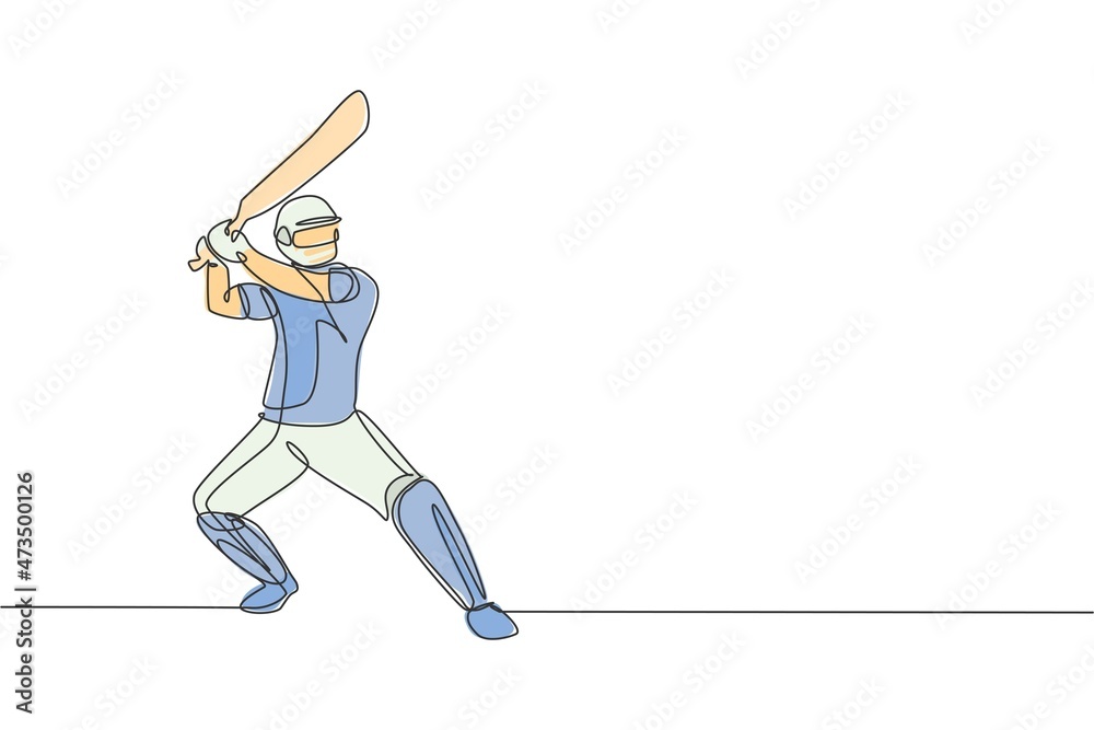 Single continuous line drawing of young agile man cricket player ...