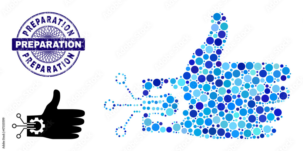 Circle collage mechanical hand icon and PREPARATION round unclean seal ...