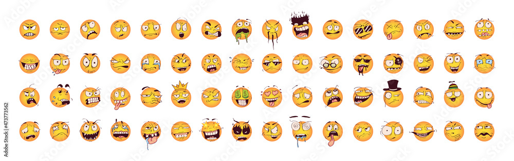 A set of classic round yellow smileys with crazy emotions. Funny, cute ...