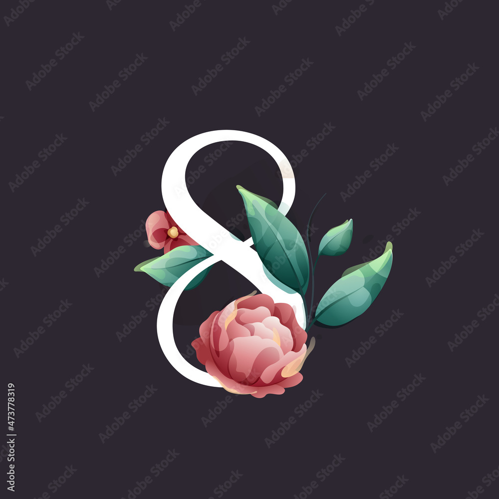 Number eight logo in watercolor style with flowers and leaves. Herbs ...