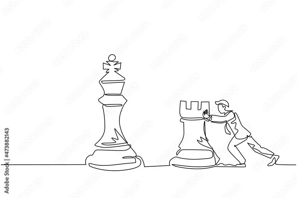 Vetor Single continuous line drawing young businessman push huge rook ...