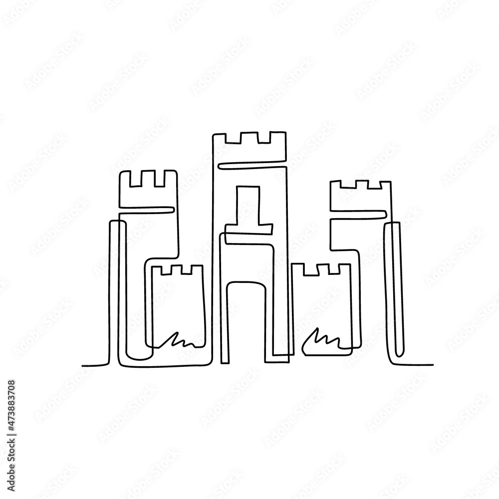 Continuous one line drawing knight's castle. Stone medieval fortress ...