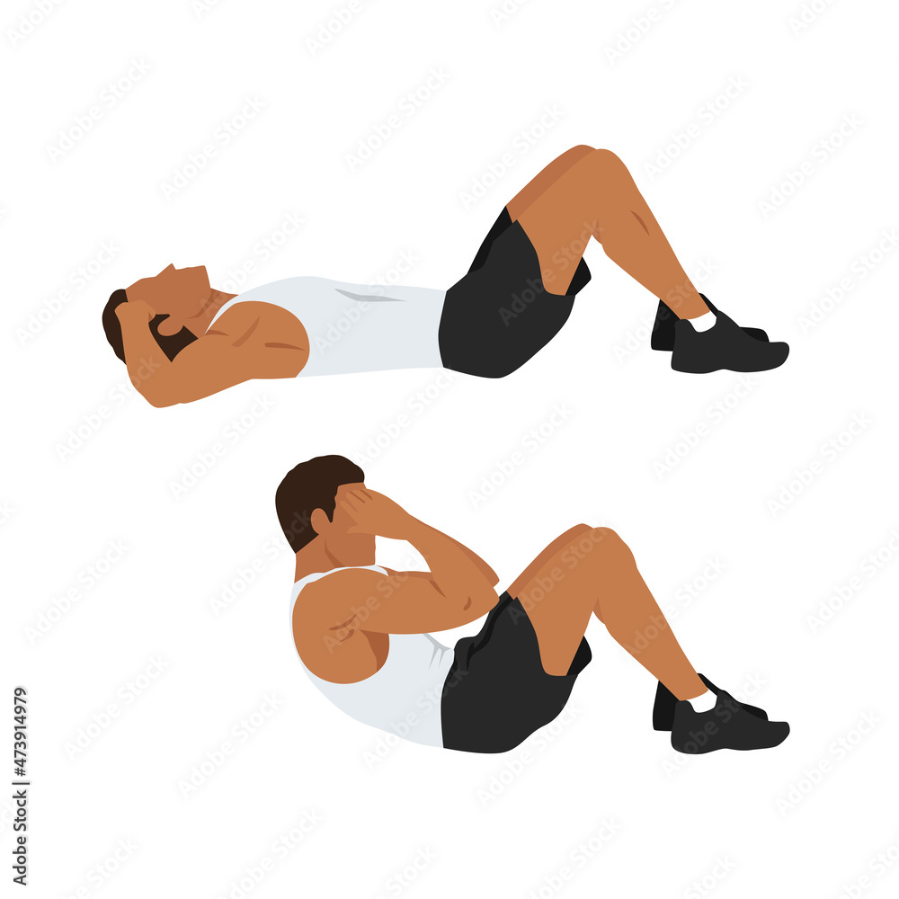 Man doing sit ups exercise. Abdominals exercise flat vector ...