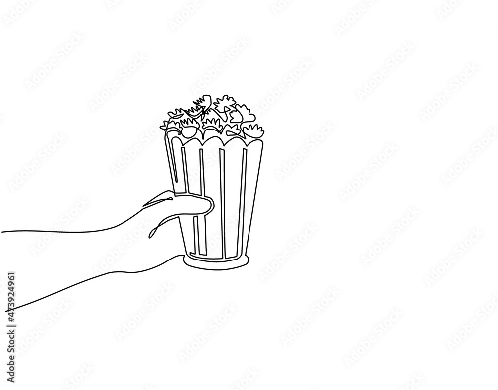 Vector de Stock Single one line drawing hand holding popcorn. Human ...
