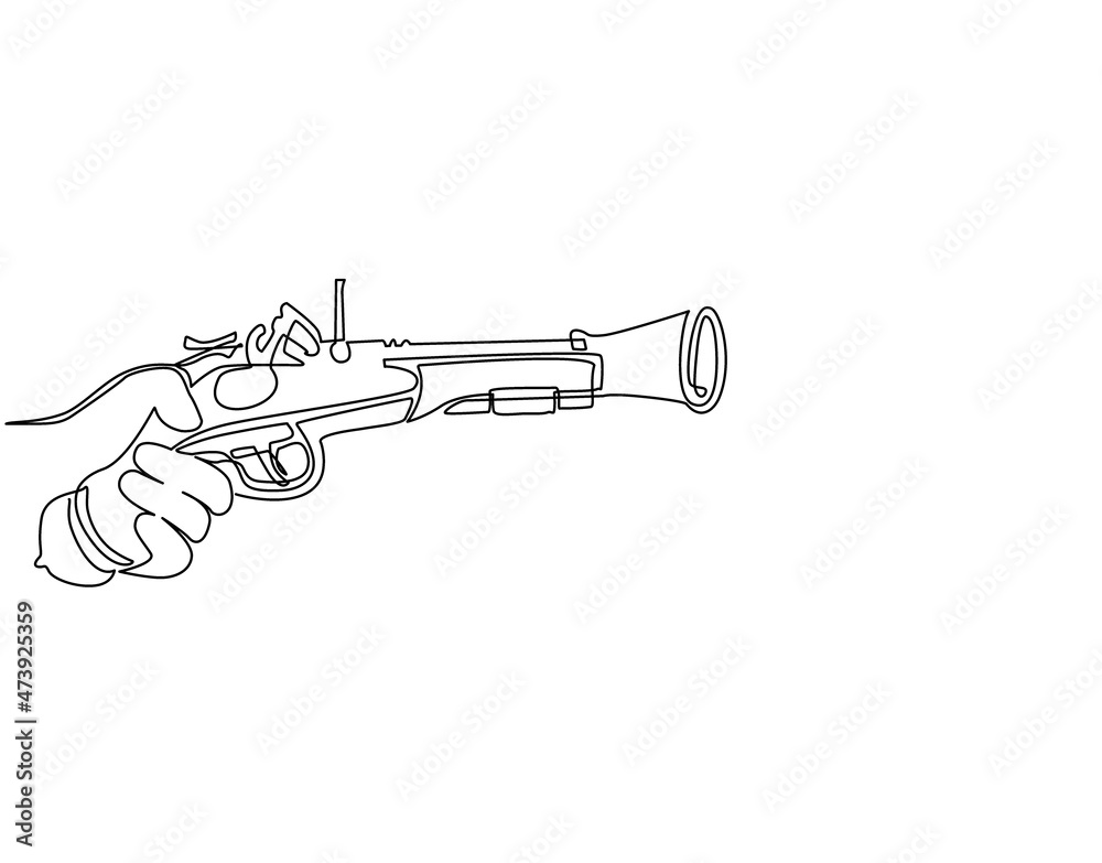 Single continuous line drawing hand holding old flintlock pistol ...