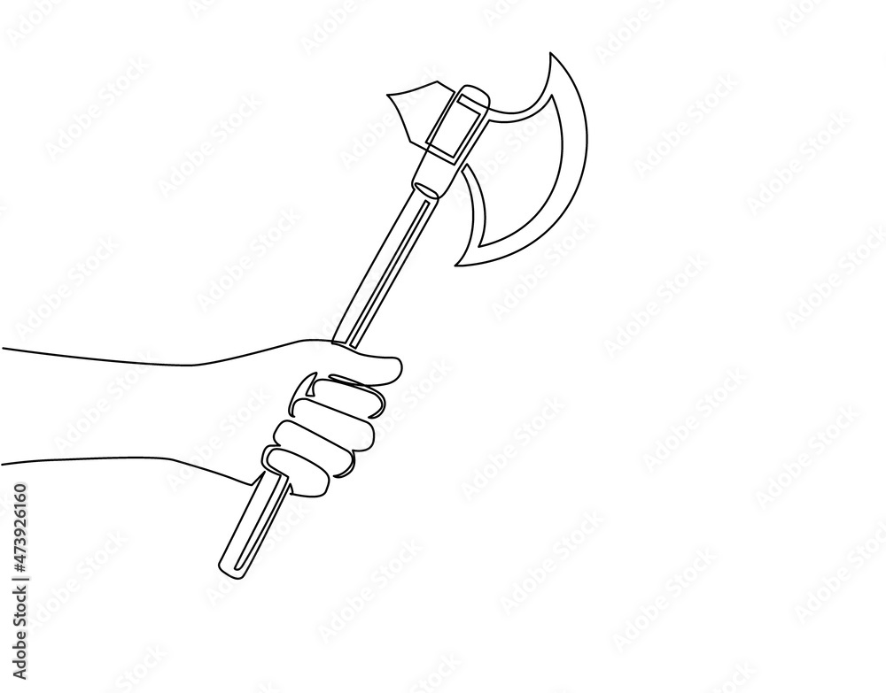 Continuous one line drawing hand holding battle axe with handle. Broad ...