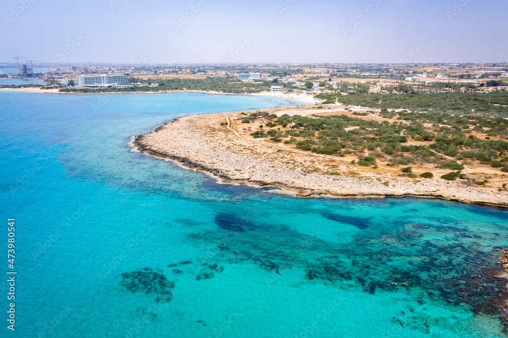 Aerial view of the most famous beaches in Cyprus - Nissi Beach. White ...