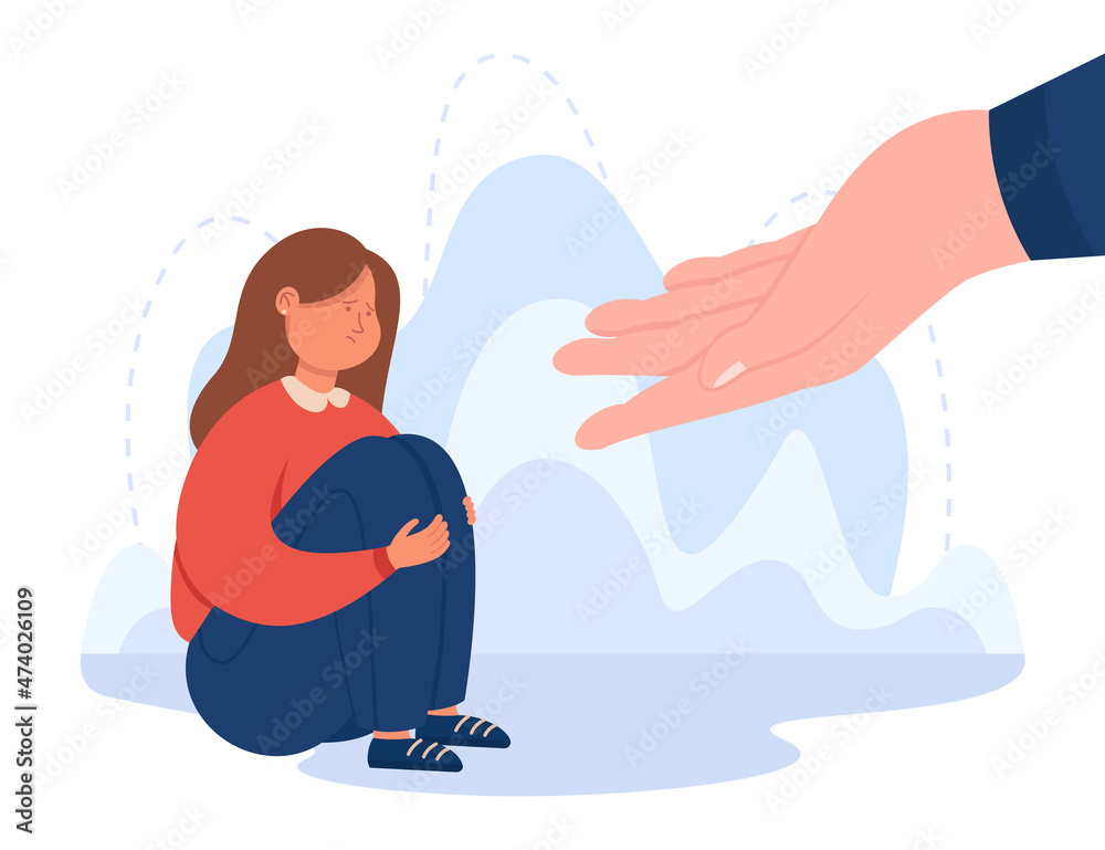 Support, care and help to woman from hand of friend. Sad girl in grief ...
