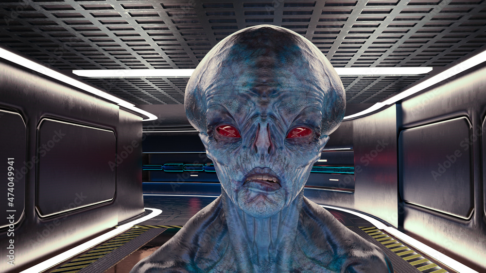 3d Illustration of the head and shoulders of a blue alien with red eyes ...