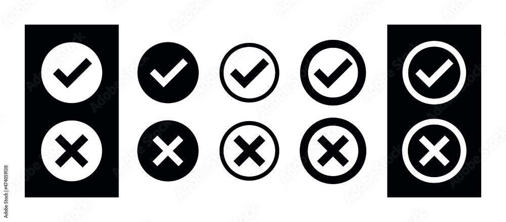 Set of check marks icons in a circle. Checkmark and cross. Tick marks ...