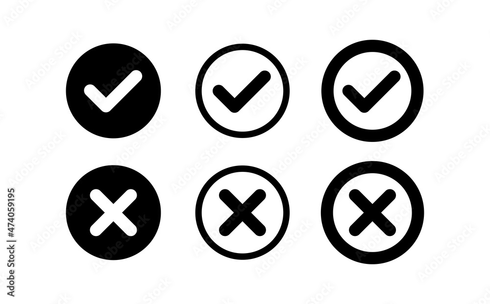 Set of check marks icons in a circle. Checkmark and cross. Tick marks ...
