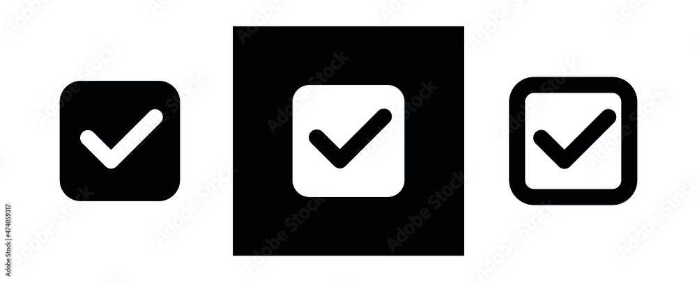Set of check mark icons in a square. Tick marks: Accepted, Approved ...