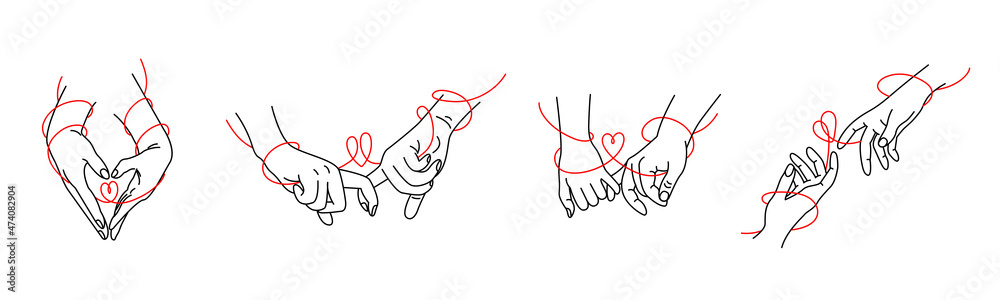 A set of touching hands and intertwined fingers drawn in black contour ...