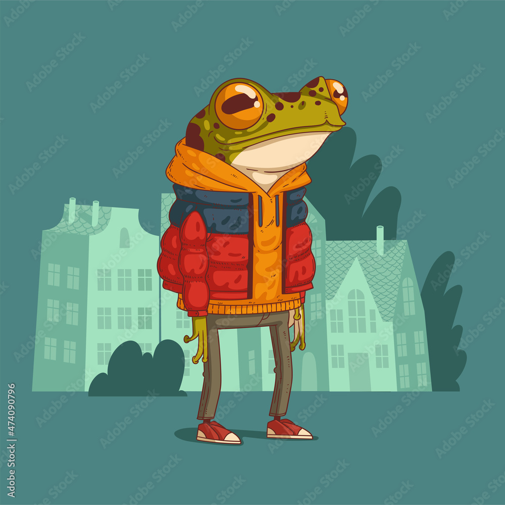 Cartoon vector illustration of humanized hipster frog. A frog wearing ...
