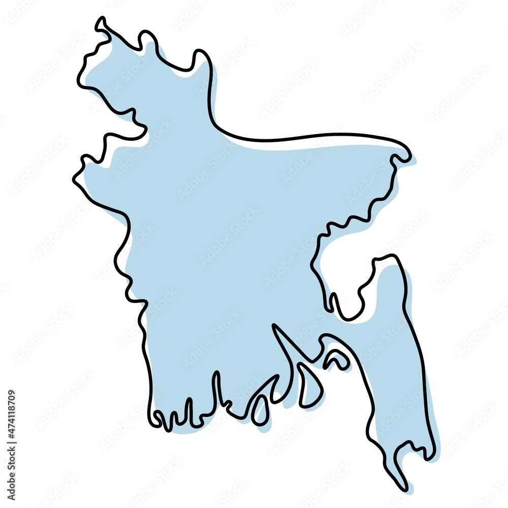 Stylized simple outline map of Bangladesh icon. Blue sketch map of ...