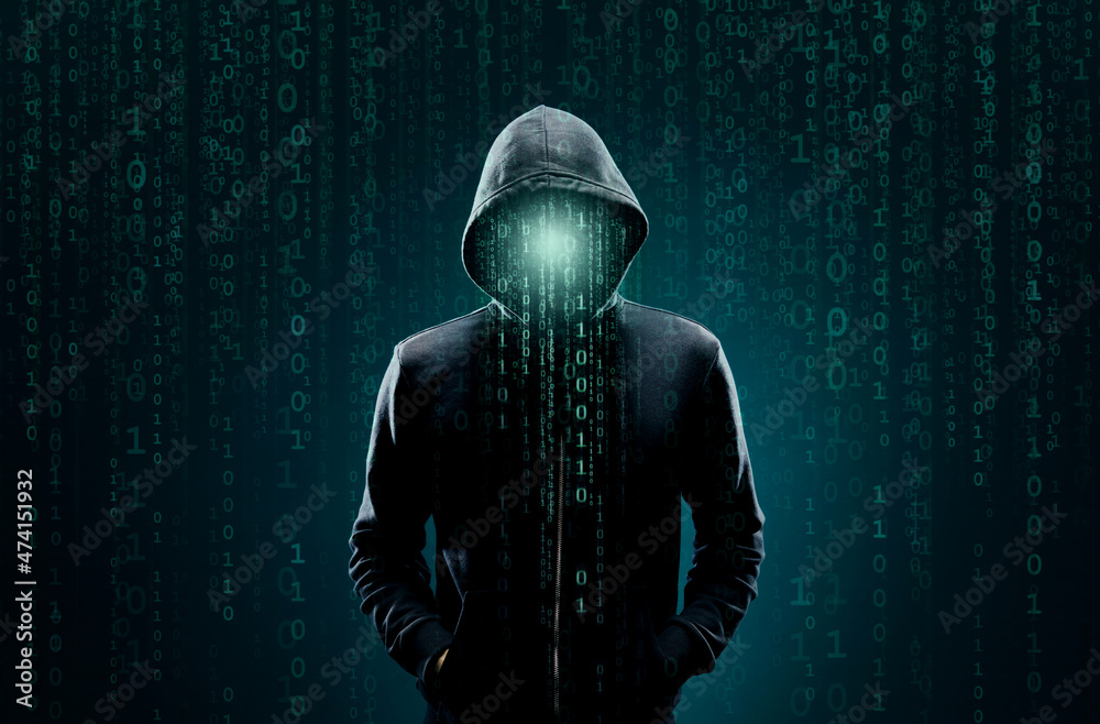 Computer hacker in hoodie. Obscured dark face. Data thief, internet fraud, darknet and cyber ...