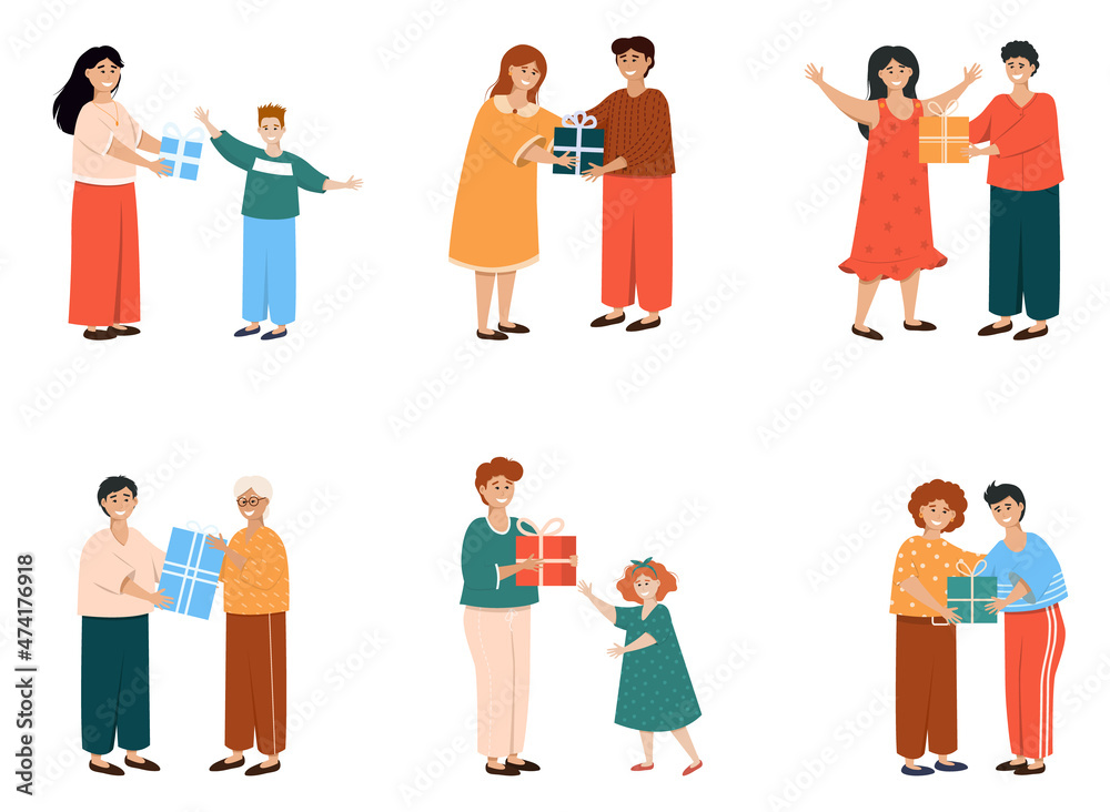 Family members preparing and receiving presents cartoon characters ...