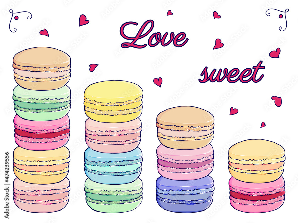 Set of colorful macarons with names of fillings. Delicious dessert food ...