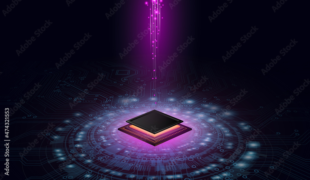 CPU Chip on Motherboard. Central Computer Processors CPU concept. Quantum computer, large data ...