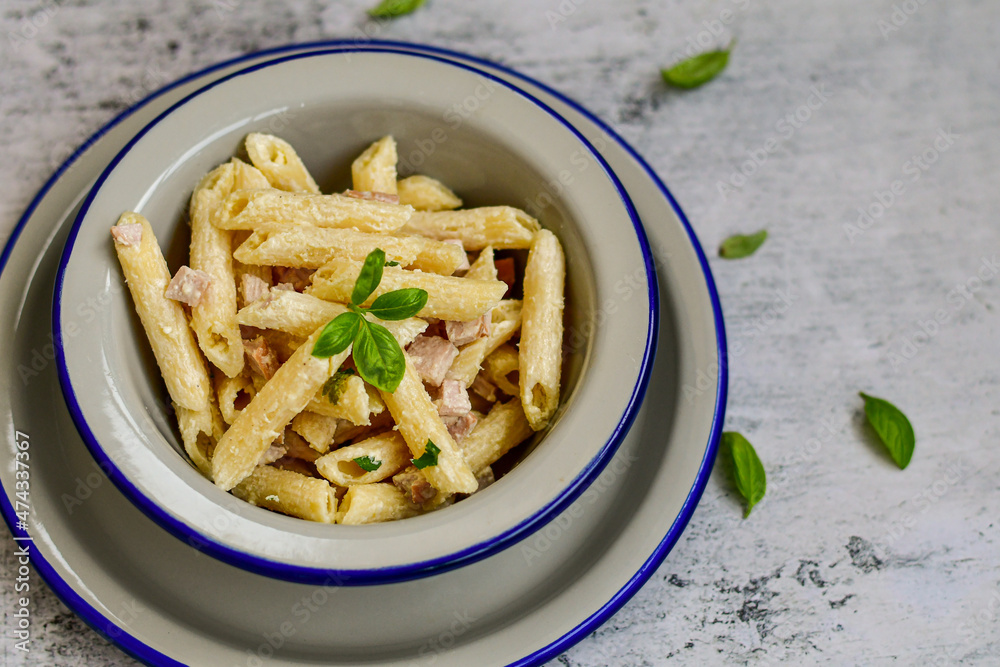 Fresh home made italian penne pasta alla carbonara with cream sauce ...