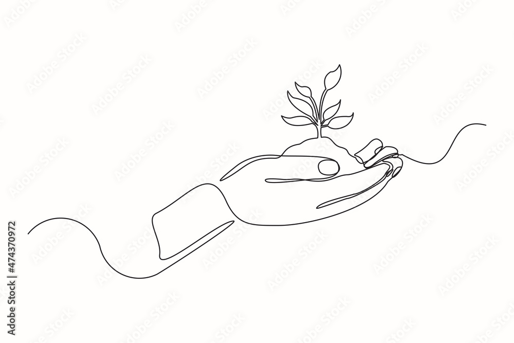 Continuous one line drawing palm hand holding together a green young ...