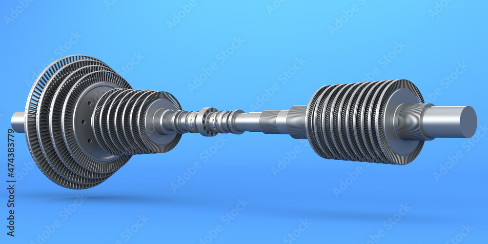 Steam turbine rotor shaft on a clean blue background. Rotor with ...