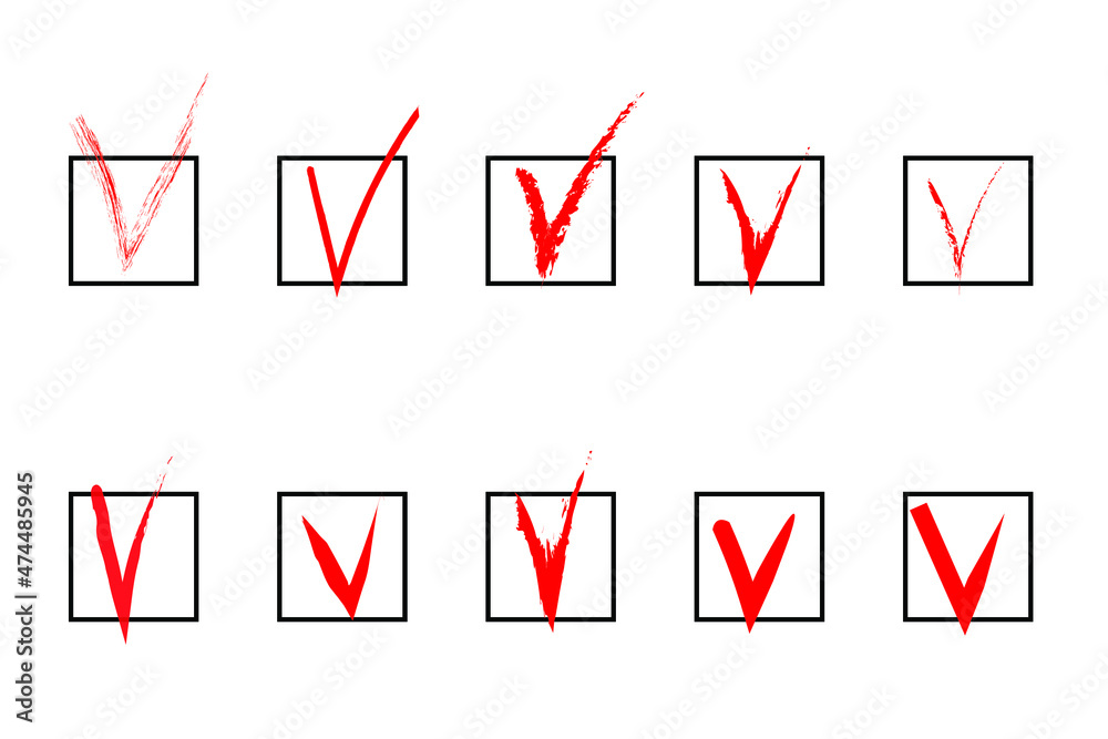 Check mark. Hand drawn check mark and box. Empty filled boxes for ...
