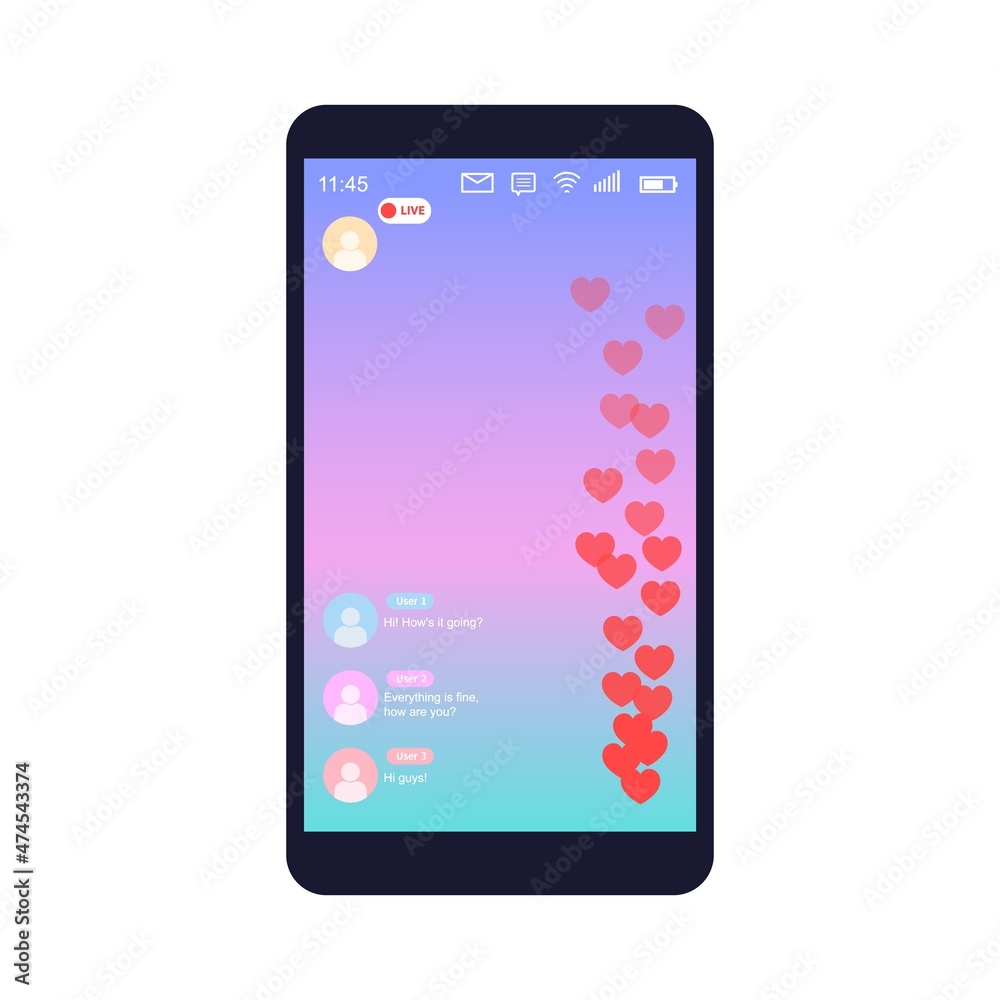 Mockup of mobile app with live like streaming. Interface photo frame ...