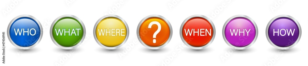Isolated colored buttons with Question mark with question -Who What ...